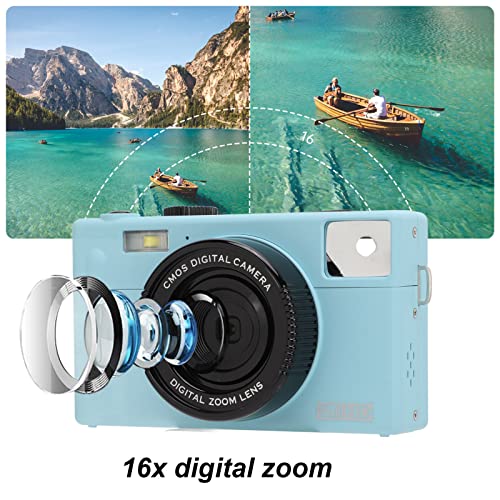 Digital Camera, Full HD 1080P 24MP Vlogging Camera with 16X Digital Zoom, 3in LCD Screen, Rechargeable Battery, Anti Shake Compact Camera for Adults, Kids, Student, Teens, Beginner (Blue)