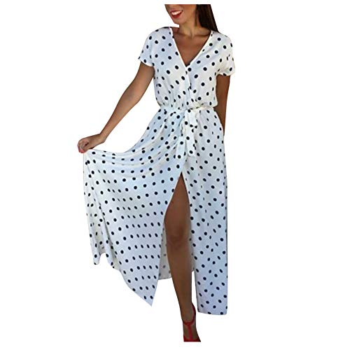 XIMIN Women's Fashion Casual Short Sleeve V-Neck Low Cut Printed Polka Dot Dress Beach Maxi Dress (White, Size:XXXL)