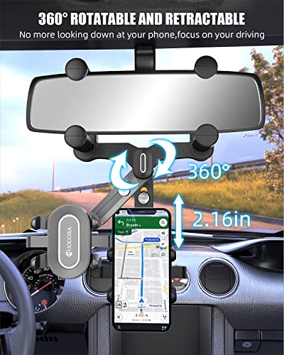 Phone Mount for Car, Large Rear Mirrors Friendly, Rear View Mirror Phone Holder, Upgraded 4 Clip More Stable, 360° Rotatable and Retractable Car Phone Holder Fit All Mobiles & Fits Bigger Vehicle.
