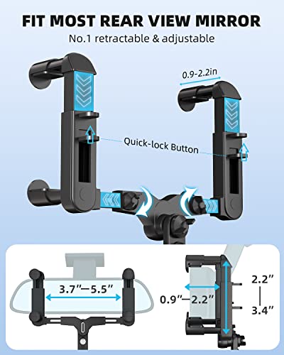 Phone Mount for Car, Large Rear Mirrors Friendly, Rear View Mirror Phone Holder, Upgraded 4 Clip More Stable, 360° Rotatable and Retractable Car Phone Holder Fit All Mobiles & Fits Bigger Vehicle.