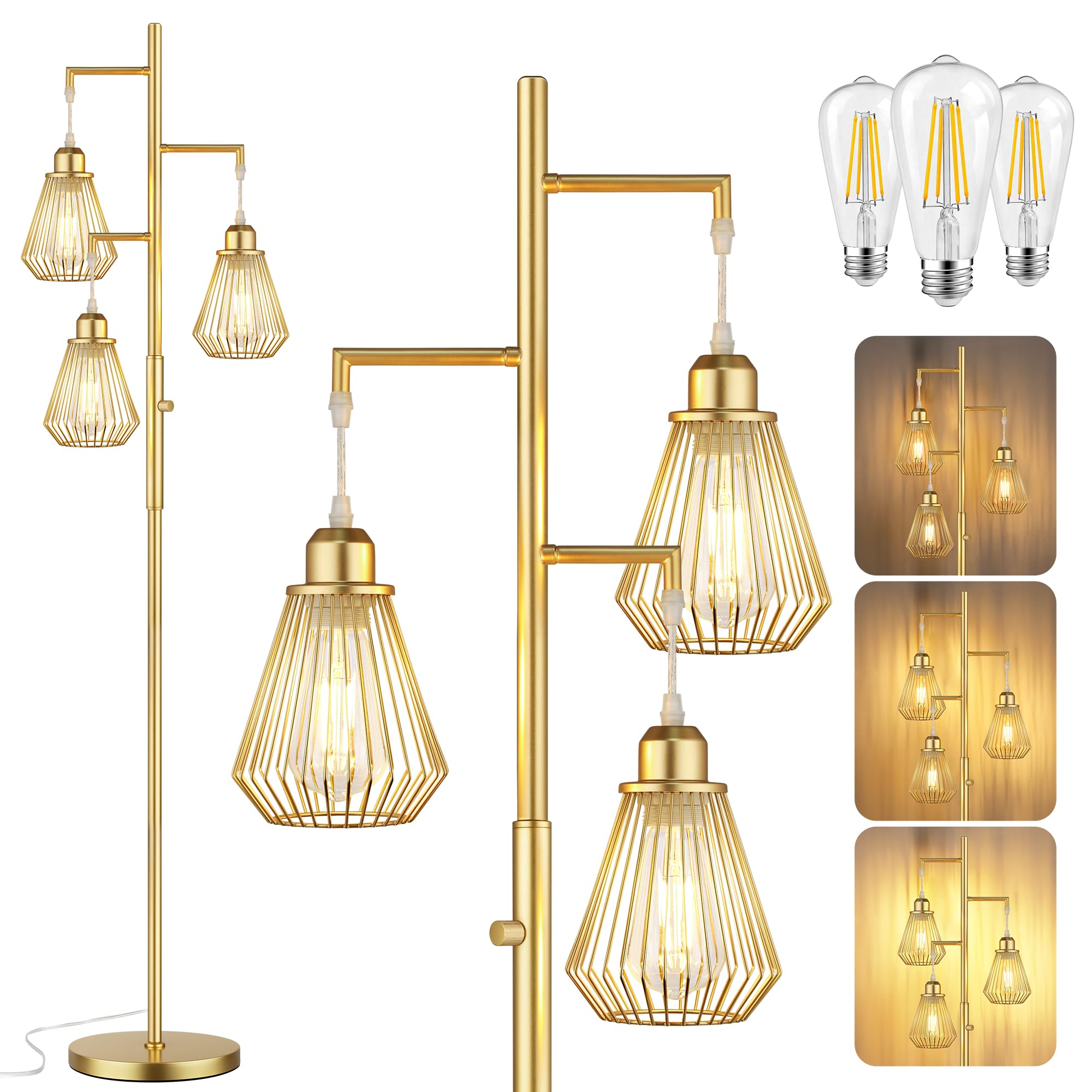 QiMH Dimmable Industrial Floor Lamp for Living Room Farmhouse Rustic, Tall Tree Standing Lamp with 3 Teardrop Hanging Edison LED Light Bulbs, Vintage Lamp for Ambience, Black