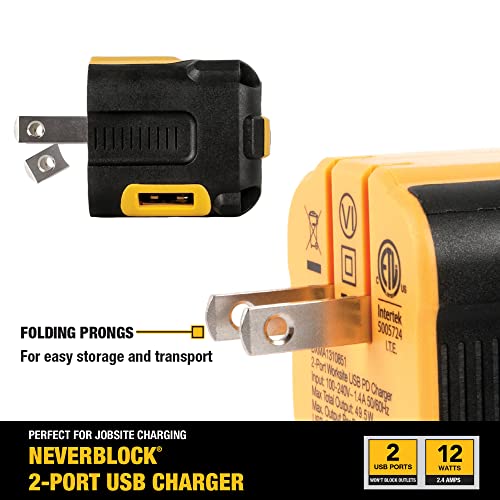 DEWALT 2-Port USB Wall Charger — NeverBlock Worksite Charger — Dual 5V 2.1A Power AC Adapter — Fast Charging Block Cube for iPhone 14 and Android