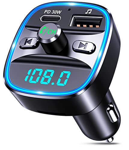 RIWUSI Bluetooth FM Transmitter for Car, [Upgraded Type-C] PD 30W Quick Charging Bluetooth Car Adapter with Hands-Free Calling, Wireless FM Radio Receiver Music Player/Car Kit Support SD Card & USB
