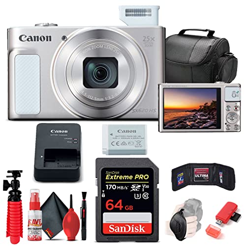 Canon PowerShot SX620 HS Digital Camera (White) (1074C001) + 64GB Memory Card + Card Reader + Deluxe Soft Bag + Flex Tripod + Hand Strap + Memory Wallet + Cleaning Kit (Renewed)