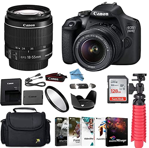 EOS Rebel 2000d DSLR Camera Bundle with EF-S 18-55mm f/3.5-5.6 is II Lens + Gadget Case + Sandisk 128gb Ultra Memory Card + Photo Software Suite + Accessory Kit + Model Electronics Cloth. (Renewed)