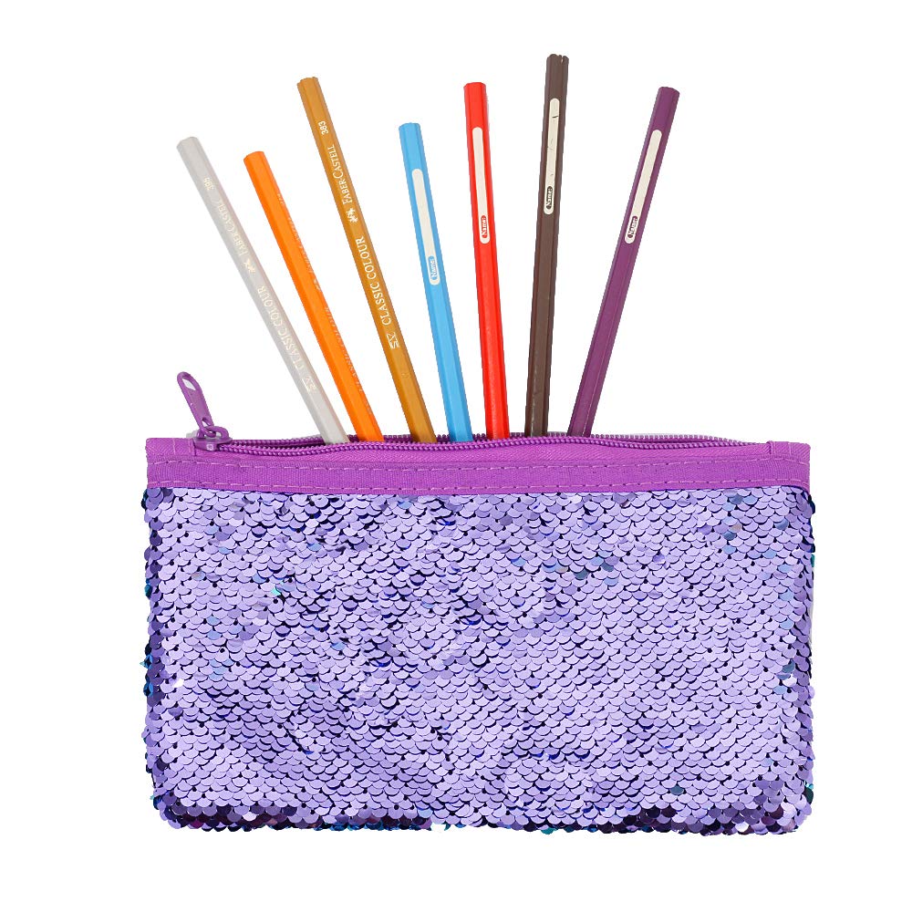 Cute Kids Pencil Case Glitter Reversible Sequin Pen Pencil Pouch for Girls Cosmetic Makeup Organizer Bag Purse for Women (Purple)
