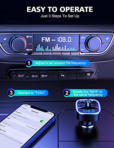 RIWUSI Bluetooth FM Transmitter for Car, [Upgraded Type-C] PD 30W Quick Charging Bluetooth Car Adapter with Hands-Free Calling, Wireless FM Radio Receiver Music Player/Car Kit Support SD Card & USB