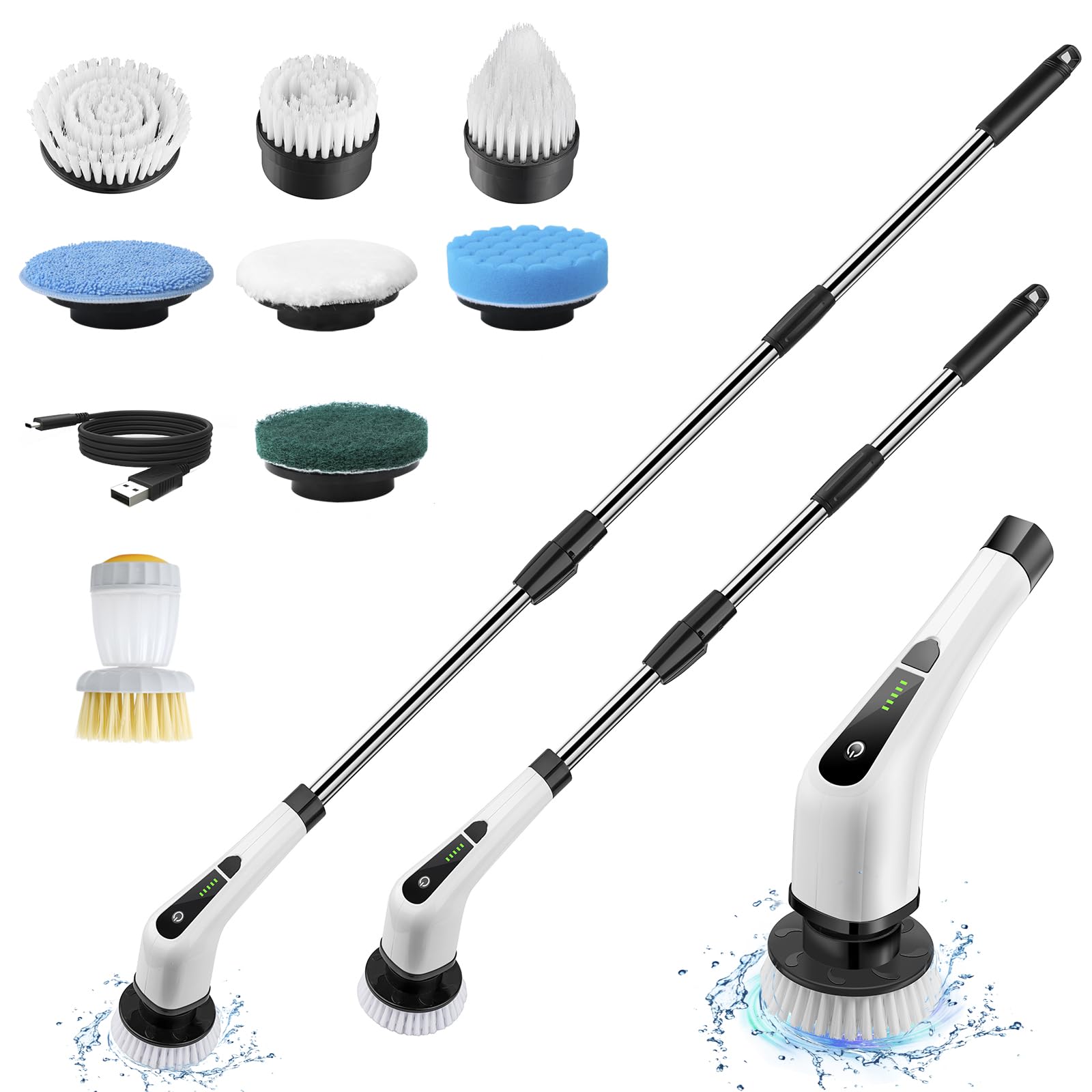 Electric Spin Scrubber, Cordless Bath Tub Power Scrubber with Long Handle & 7 Replaceable Heads, Detachable as Short Handle, Shower Cleaning Brush Household Tools for Bathroom & Tile Floor(White)