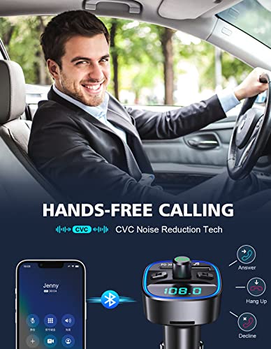 RIWUSI Bluetooth FM Transmitter for Car, [Upgraded Type-C] PD 30W Quick Charging Bluetooth Car Adapter with Hands-Free Calling, Wireless FM Radio Receiver Music Player/Car Kit Support SD Card & USB