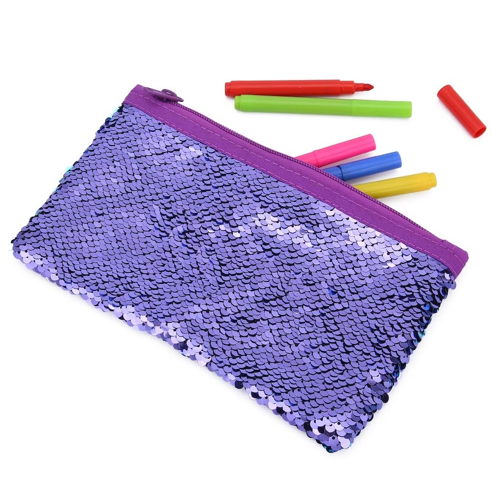 Cute Kids Pencil Case Glitter Reversible Sequin Pen Pencil Pouch for Girls Cosmetic Makeup Organizer Bag Purse for Women (Purple)