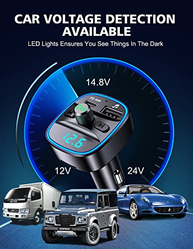 RIWUSI Bluetooth FM Transmitter for Car, [Upgraded Type-C] PD 30W Quick Charging Bluetooth Car Adapter with Hands-Free Calling, Wireless FM Radio Receiver Music Player/Car Kit Support SD Card & USB