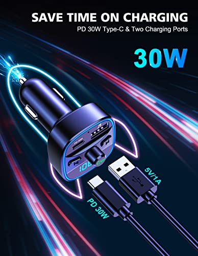 RIWUSI Bluetooth FM Transmitter for Car, [Upgraded Type-C] PD 30W Quick Charging Bluetooth Car Adapter with Hands-Free Calling, Wireless FM Radio Receiver Music Player/Car Kit Support SD Card & USB