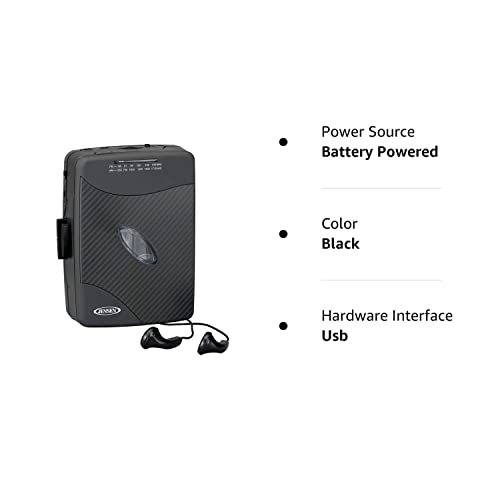 Jensen Portable Stereo Cassette Player with AM/FM Radio + Sport Earbuds (Matte Black Series)