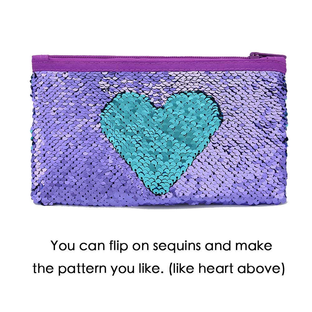 Cute Kids Pencil Case Glitter Reversible Sequin Pen Pencil Pouch for Girls Cosmetic Makeup Organizer Bag Purse for Women (Purple)