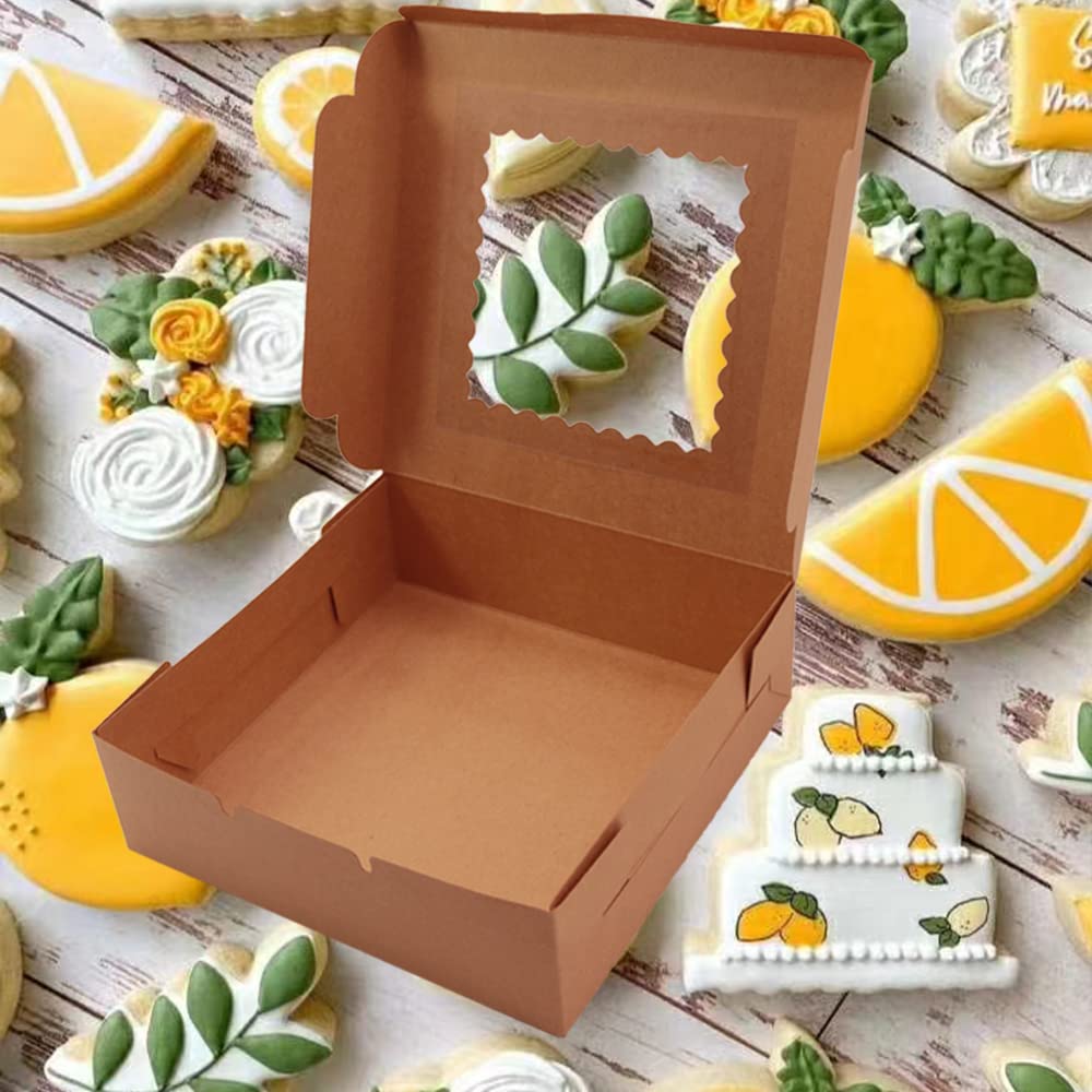 PQZKLDP 10Packs 10x10x2.5 Inches Brown Kraft Cake Boxes with Window, Gift Packing, Bakery Boxes, Dessert, Pastry, Cupcake, Pie Cookies, With Stickers,66 FT Twine(Brown, 10 * 10 * 2.5 Inch)