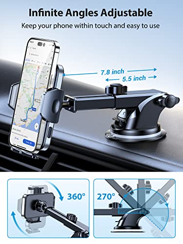 VICSEED Phone Mount for Car [𝗦𝘁𝗿𝗼𝗻𝗴 𝗦𝘂𝗰𝘁𝗶𝗼𝗻][𝗟𝗼𝗻𝗴 𝗔𝗿𝗺] Super Stable Car Phone Holder Mount for All Phones with Thick Cases 3 in 1 Universal Cell Phone Holder Mount