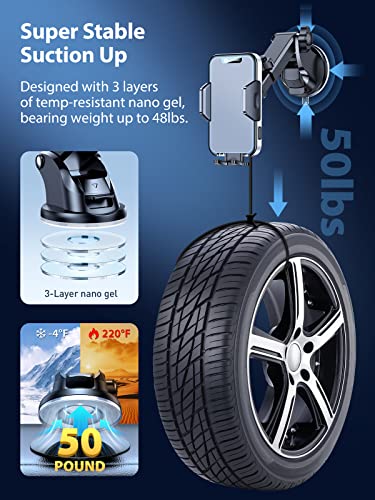 VICSEED Phone Mount for Car [𝗦𝘁𝗿𝗼𝗻𝗴 𝗦𝘂𝗰𝘁𝗶𝗼𝗻][𝗟𝗼𝗻𝗴 𝗔𝗿𝗺] Super Stable Car Phone Holder Mount for All Phones with Thick Cases 3 in 1 Universal Cell Phone Holder Mount