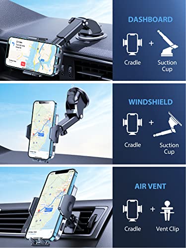 VICSEED Phone Mount for Car [𝗦𝘁𝗿𝗼𝗻𝗴 𝗦𝘂𝗰𝘁𝗶𝗼𝗻][𝗟𝗼𝗻𝗴 𝗔𝗿𝗺] Super Stable Car Phone Holder Mount for All Phones with Thick Cases 3 in 1 Universal Cell Phone Holder Mount