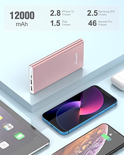 EnergyQC Pilot 4GS Portable Charger, Fast Charging 12000mAh Power Bank Dual 3A High Speed Output External Battery Pack Compatible with iPhone 13/12/11/X Samsung S10 and More - Rose Gold