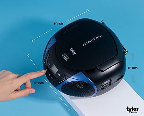 Tyler Portable CD Player Boombox Radio AM/FM Top Loading AC & Battery Compatible Aux Input & 3.5mm Headphone Jack Small Lightweight Compact Boom Box Home Stereo Speaker Carrying Handle Kids Room Blue