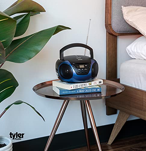Tyler Portable CD Player Boombox Radio AM/FM Top Loading AC & Battery Compatible Aux Input & 3.5mm Headphone Jack Small Lightweight Compact Boom Box Home Stereo Speaker Carrying Handle Kids Room Blue