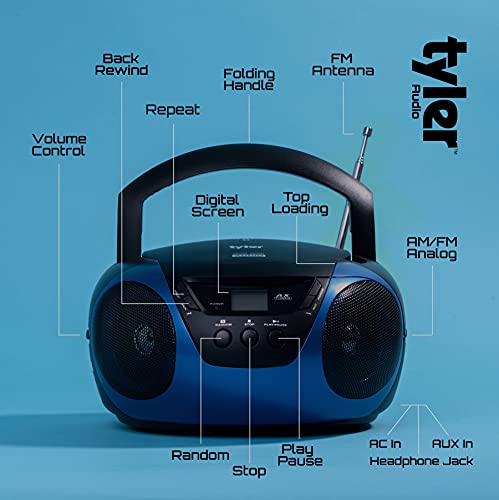 Tyler Portable CD Player Boombox Radio AM/FM Top Loading AC & Battery Compatible Aux Input & 3.5mm Headphone Jack Small Lightweight Compact Boom Box Home Stereo Speaker Carrying Handle Kids Room Blue