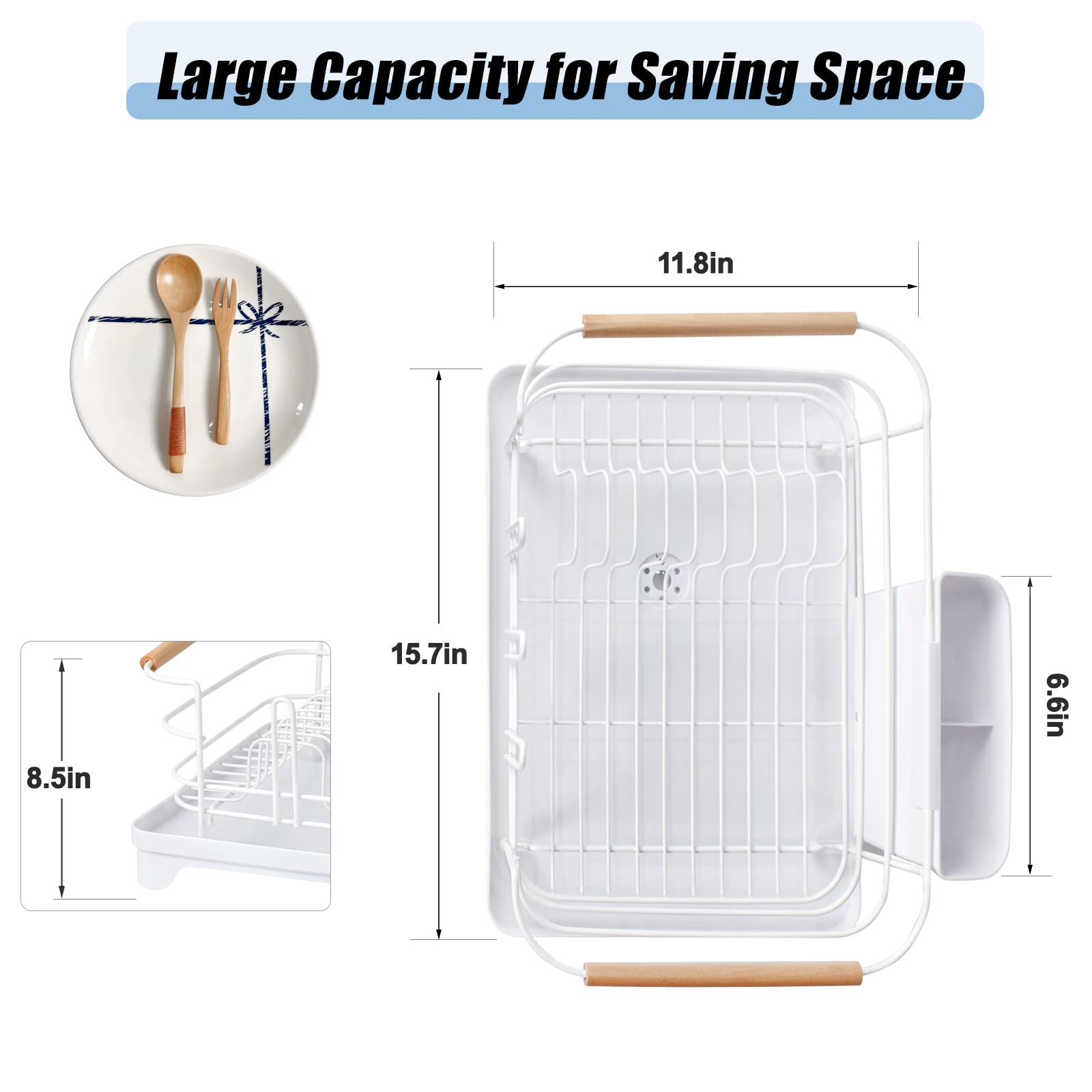 BRIAN & DANY Dish Drying Rack, Dish Racks for Kitchen Counter, Stainless Steel Dish Drainer with Cutlery Holder & Drainboard, 15.5"x 11.8"x 8.58", White