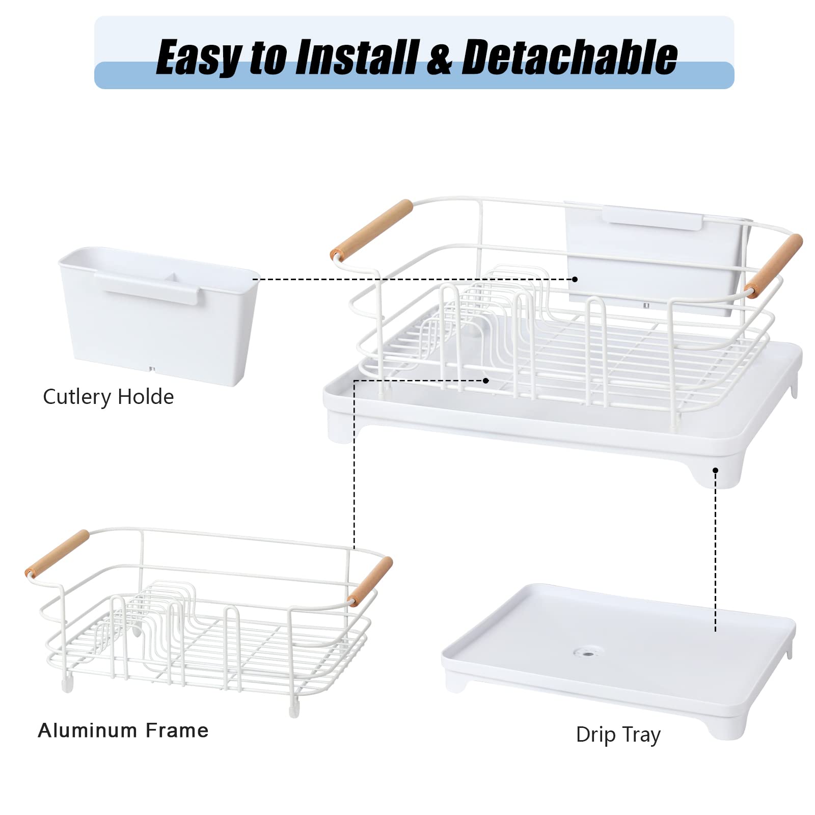 BRIAN & DANY Dish Drying Rack, Dish Racks for Kitchen Counter, Stainless Steel Dish Drainer with Cutlery Holder & Drainboard, 15.5"x 11.8"x 8.58", White