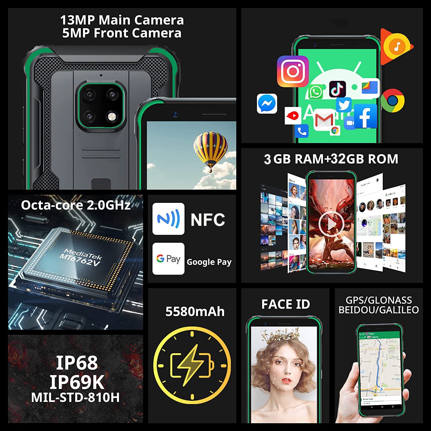 Unlocked Phones Rugged, Blackview BV4900 Smartphone, Android Cell Phone, 5580mAh 4G GSM Cell Phone, 5.7" HD+ Cellphones, 3GB+32GB/SD 128GB Waterproof Unlocked Smartphone, NFC Rugged tmobile Phone