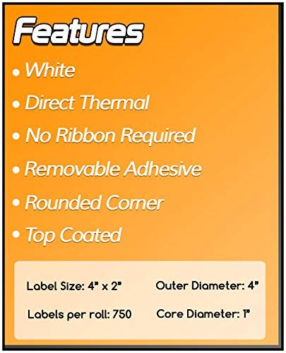 OfficeSmartLabels – 4" x 2" Removable Direct Thermal Labels - Compatible with Rollo & Zebra Desktop Printers and More – 1” Core; Perforated, Water & Oil Resistant (4 Rolls, 3000 Labels)