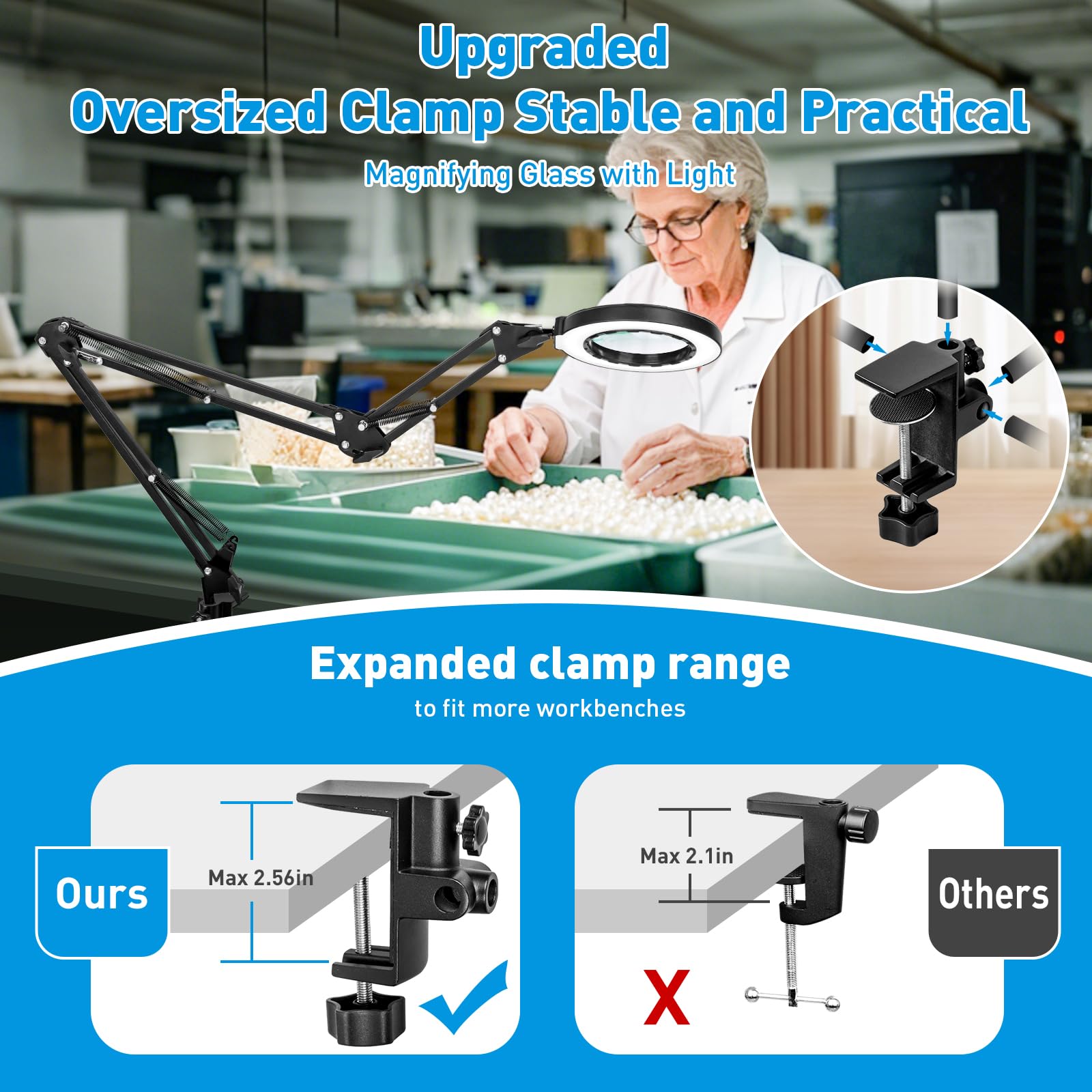 LED Magnifying Lamp with Clamp, 10X Real Glass Lens, 3 Color Modes and Stepless Dimmable Magnifier Desk Lamp,Adjustable Swivel Arm Lighted Magnifying Glass for Repair Craft Close Work-Black