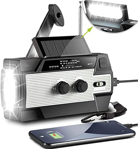 Tiamat+ Radio, Solar Hand Crank Radio with 4000mAh-Power Bank USB Charger, Portable AM/FM/NOAA Tiamat+ Radio, Reading Lamp, LED Flashlight, SOS Alarm for Emergency Black-White