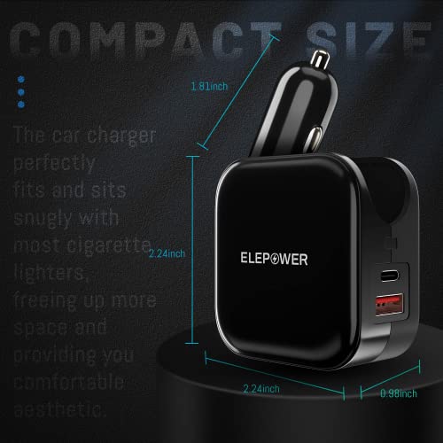 Car Charger, Elepower 2 in 1 Car and Wall Charger Dual Port USB & Type C Foldable Plug 25W Power Adapter for iPhone 14 13 12Pro Max/XR/ 8 7, iPad Pro 12.9 11 10.2/Air 4 /Mini, Galaxy GPS LG- Black