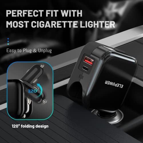 Car Charger, Elepower 2 in 1 Car and Wall Charger Dual Port USB & Type C Foldable Plug 25W Power Adapter for iPhone 14 13 12Pro Max/XR/ 8 7, iPad Pro 12.9 11 10.2/Air 4 /Mini, Galaxy GPS LG- Black