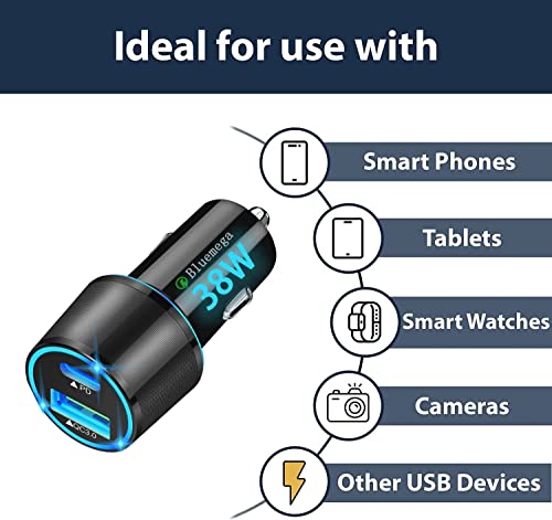 Fast Car Charger, USB C Car Charger 38W Car Charger Adapter PD3.0&QC3.0 with 2Pack Lightning Cable Quick Car Charging Compatible with iPhone 14 Pro Max/14 Plus/13 Pro Max/12