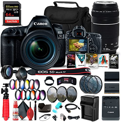 Canon EOS 5D Mark IV DSLR Camera with 24-70mm f/4L Lens (1483C018) + Canon EF 75-300mm f/4-5.6 III Lens (6473A003) + 64GB Memory Card + Color Filter Kit + Filter Kit + LPE6 Battery + More (Renewed)