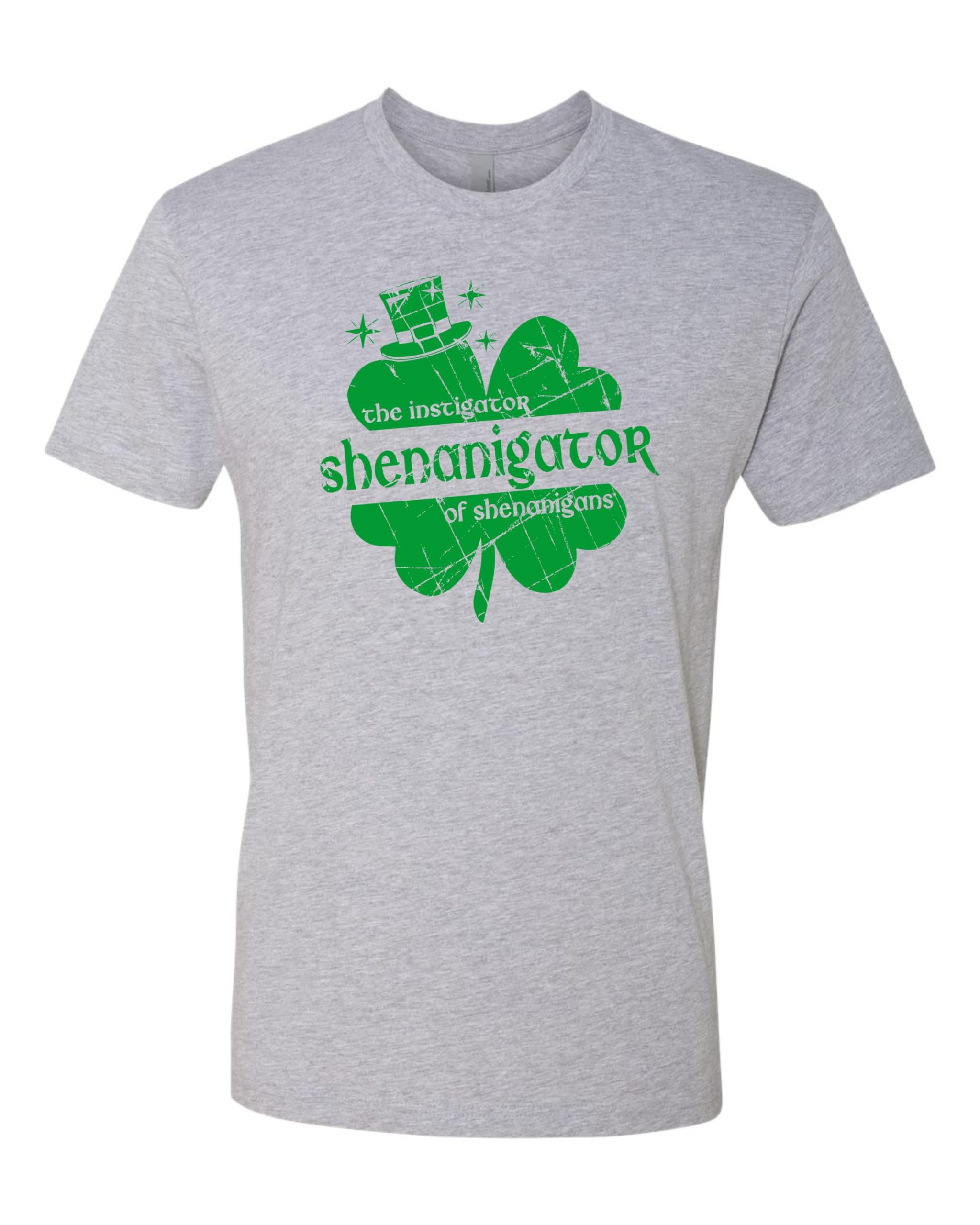 Large Dark Heather Gray Mens Shenanigator Instigator of Shenanigans St. Pattys Day Deluxe Soft T-Shirt