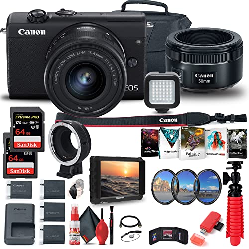 Canon EOS M200 Mirrorless Digital Camera with 15-45mm Lens (Black) (3699C009) + Canon EF-M Lens Adapter + 4K Monitor + Canon EF 50mm Lens + 2 x 64GB Memory Card + Case + Filter Kit + More (Renewed)