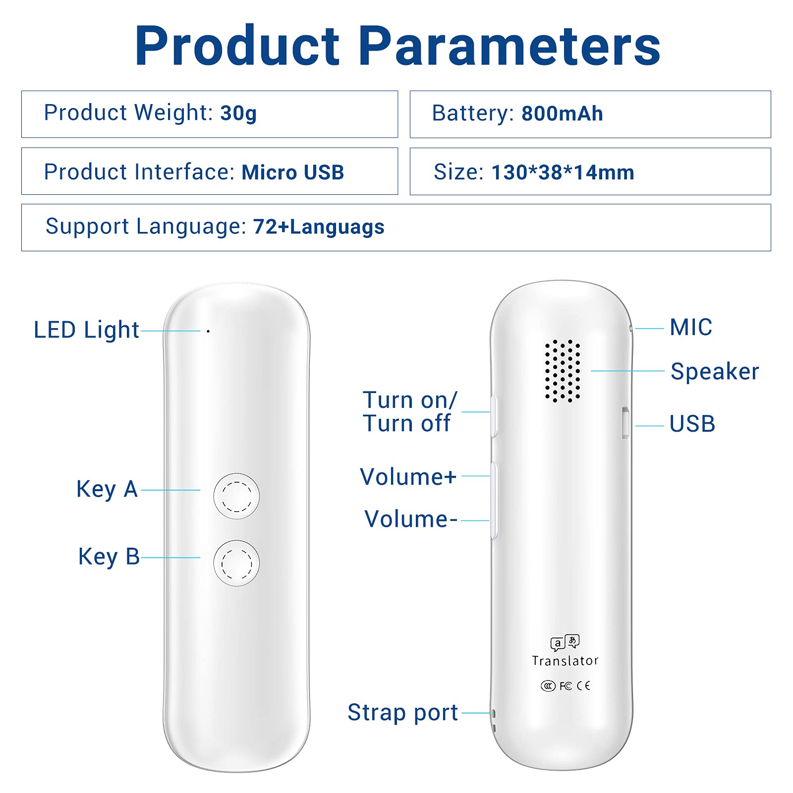 XURPURTLK Language Voice Translator Device Real Time 2-Way Translations Supporting 72 Languages for Travelling Learning Shopping Business Chat Recording Translations (White) (G5)