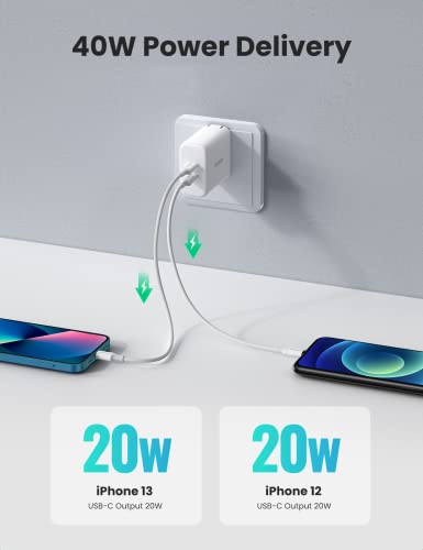 UGREEN 40W Dual Port USB C Charger Block with Foldable Plug, PD USB-C Power Adapter, Compatible with iPhone 14/iPhone 14 Pro Max, iPhone 13/12/11,iPad Mini/Pro, Airpods, Apple Watch, S22/S20