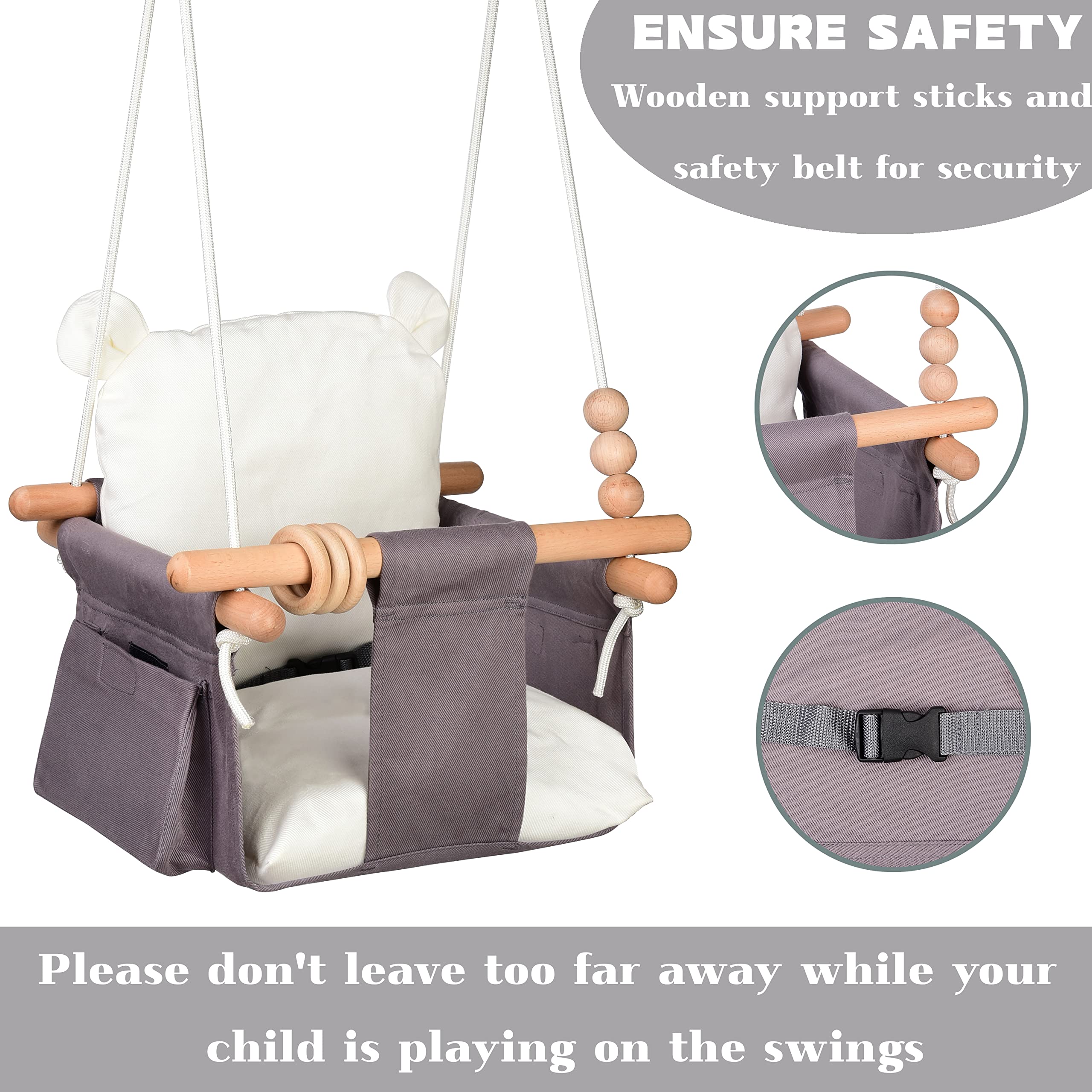 Baby Hammock Swings, Canvas Baby Hanging Swing with Safety Belt & Cotton Cushion Seat, Hanging 2 Side Pockets Safe Outdoor Swings