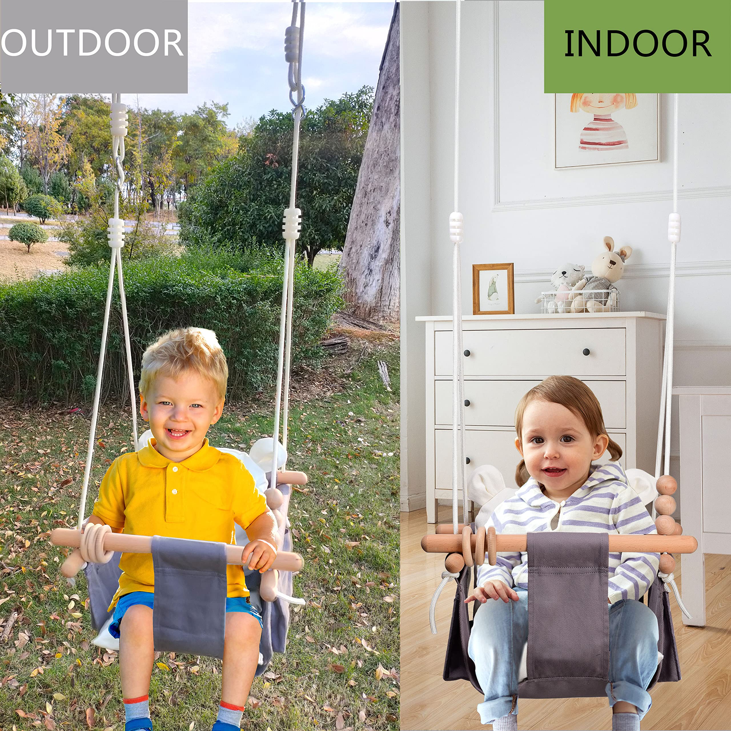 Baby Hammock Swings, Canvas Baby Hanging Swing with Safety Belt & Cotton Cushion Seat, Hanging 2 Side Pockets Safe Outdoor Swings