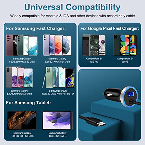 USB C Samsung Fast Car Charger for Samsung Galaxy A14 A23 A54 Z Fold 4 Z Flip 4 A13 S23 S22 Ultra S21FE A53 S20 A03s;Google Pixel 7 Pro 6a 5a 6;3.4A Car Adapter Plug + 3ft Type C Android Charger Cable