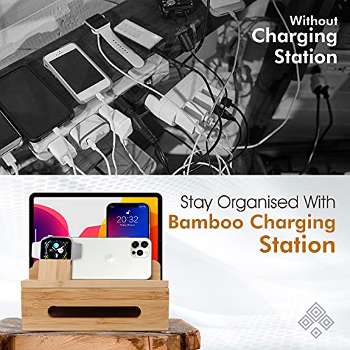 komonotown Natural Bamboo Charging Station for Multiple Devices, Docking Station Organizer for iPhone, Smart Watch, Tablet, Airpod - for Bedside, Desk (No USB Hub)