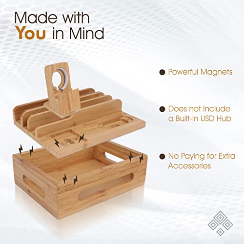 komonotown Natural Bamboo Charging Station for Multiple Devices, Docking Station Organizer for iPhone, Smart Watch, Tablet, Airpod - for Bedside, Desk (No USB Hub)