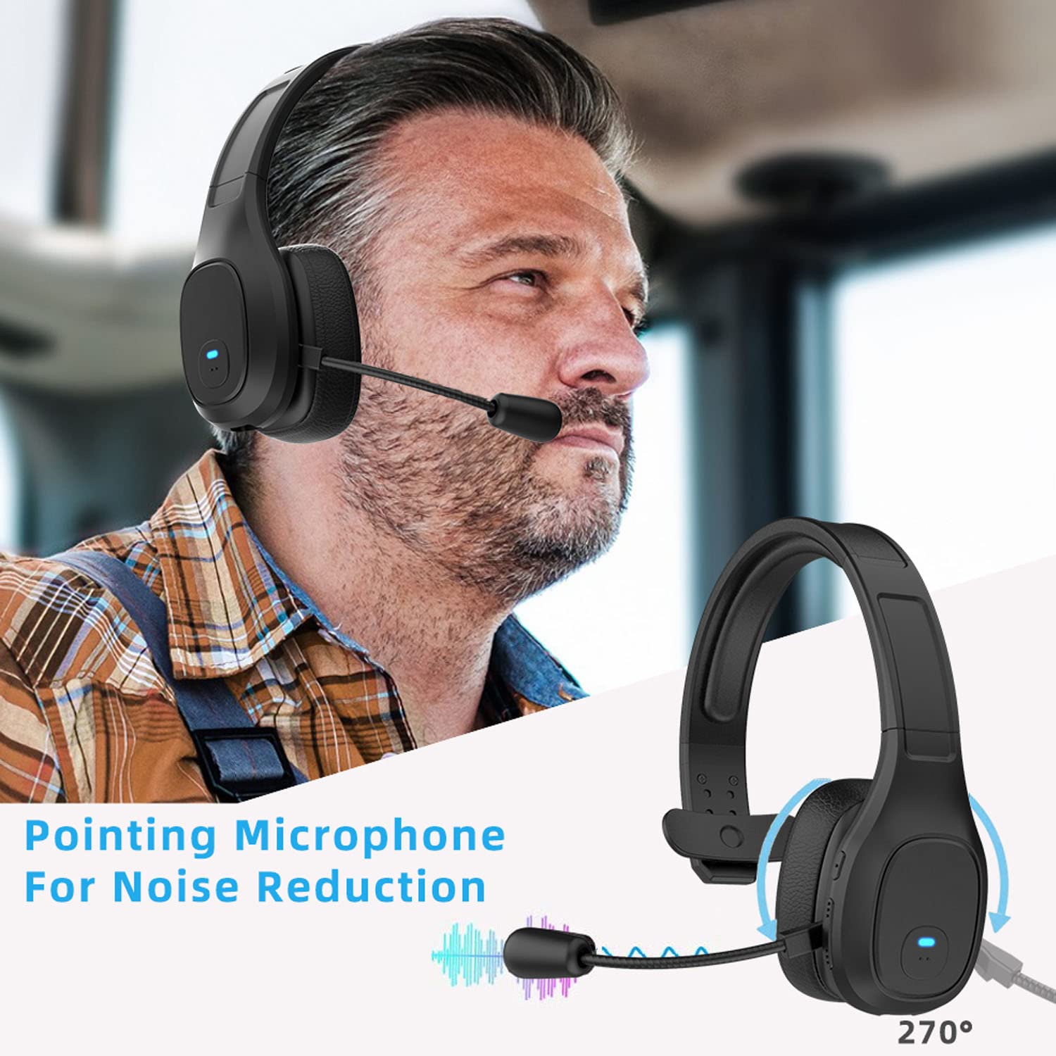Yezonic Trucker Bluetooth Headset with Noise Canceling Microphone for Cell Phone, Wireless Headset V5.0 with Mic Mute for Call Center Office PC Teams Skype Softphones Telephone Conference Call