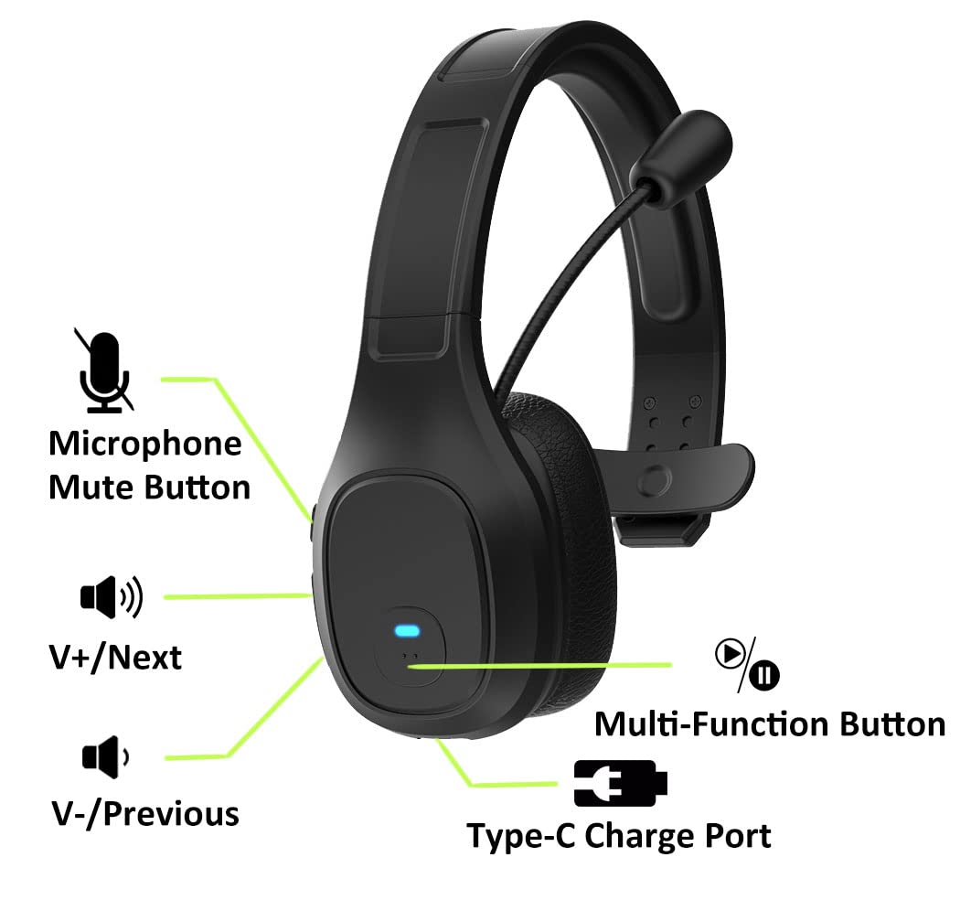 Yezonic Trucker Bluetooth Headset with Noise Canceling Microphone for Cell Phone, Wireless Headset V5.0 with Mic Mute for Call Center Office PC Teams Skype Softphones Telephone Conference Call