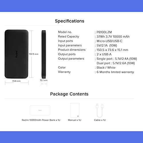 Xiaomi Mi 10000 mAh 37Wh Redmi Portable Power Bank, Dual Micro-USB/USB-C Input Port 2.6A Fast Charging, 2 USB-A Output Charges 2 Devices Same time, Portable Charger for iPhone iPad Galaxy Tablets