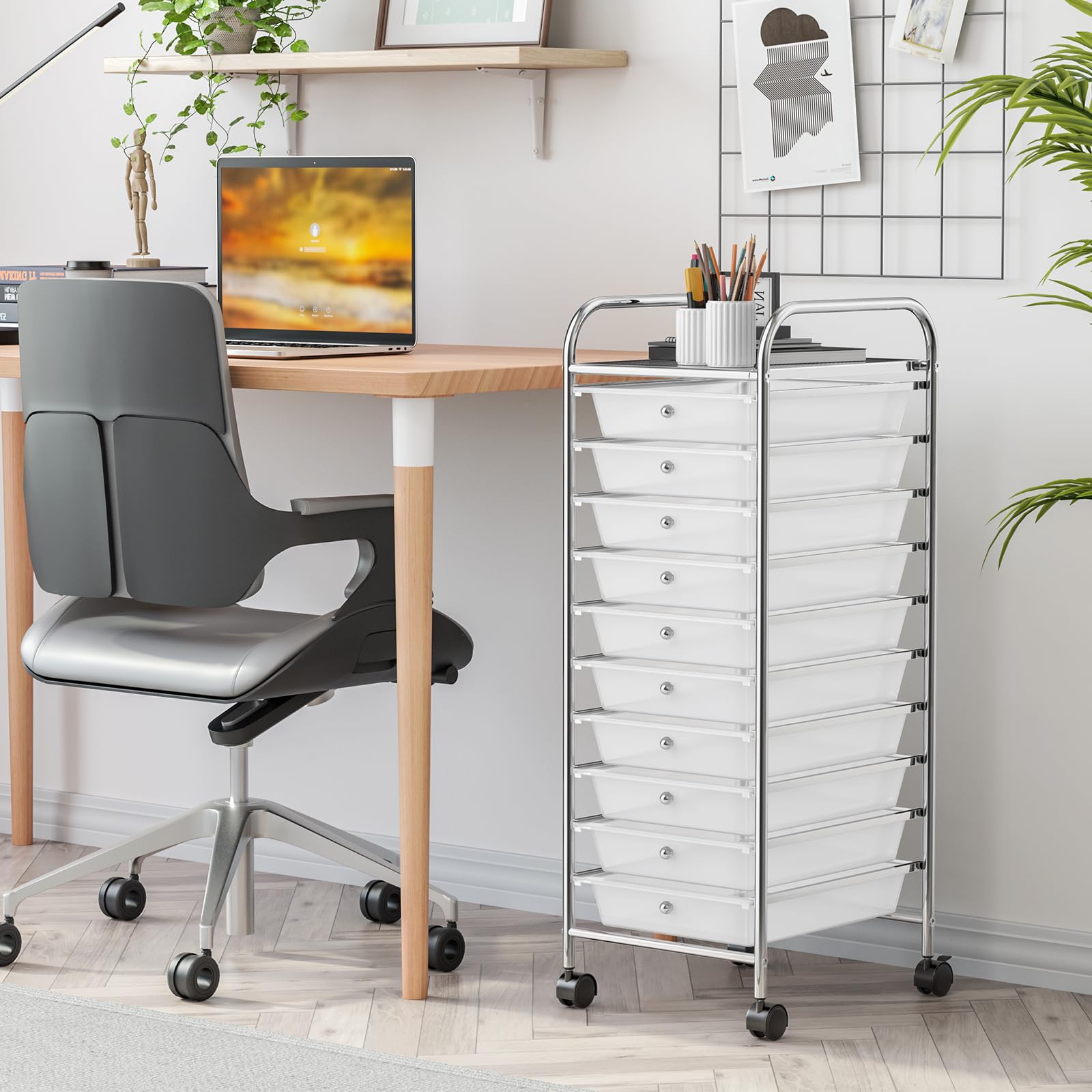 RELAX4LIFE Storage Cart W/10 Drawers,Rolling Wheels Semi-Transparent Multipurpose Mobile Rolling Drawer Cart for School, Office, Home, Beauty Salon Files Arrangement Storage Organizer Cart (Clear)