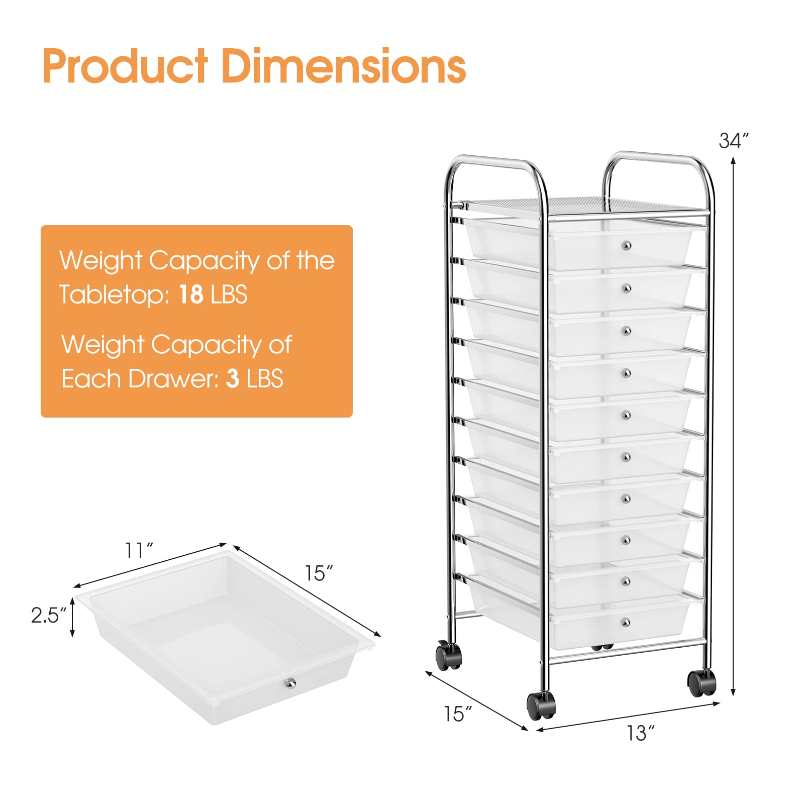 RELAX4LIFE Storage Cart W/10 Drawers,Rolling Wheels Semi-Transparent Multipurpose Mobile Rolling Drawer Cart for School, Office, Home, Beauty Salon Files Arrangement Storage Organizer Cart (Clear)